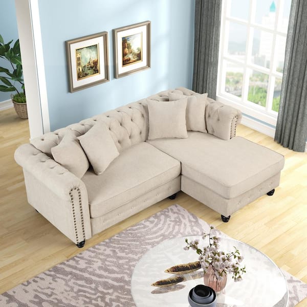 Morden Fort 85in. W Chesterfield Roll Arm 1 Piece L Shaped Linen Sectional Sofa in. Beige S 8702 BEIGE
