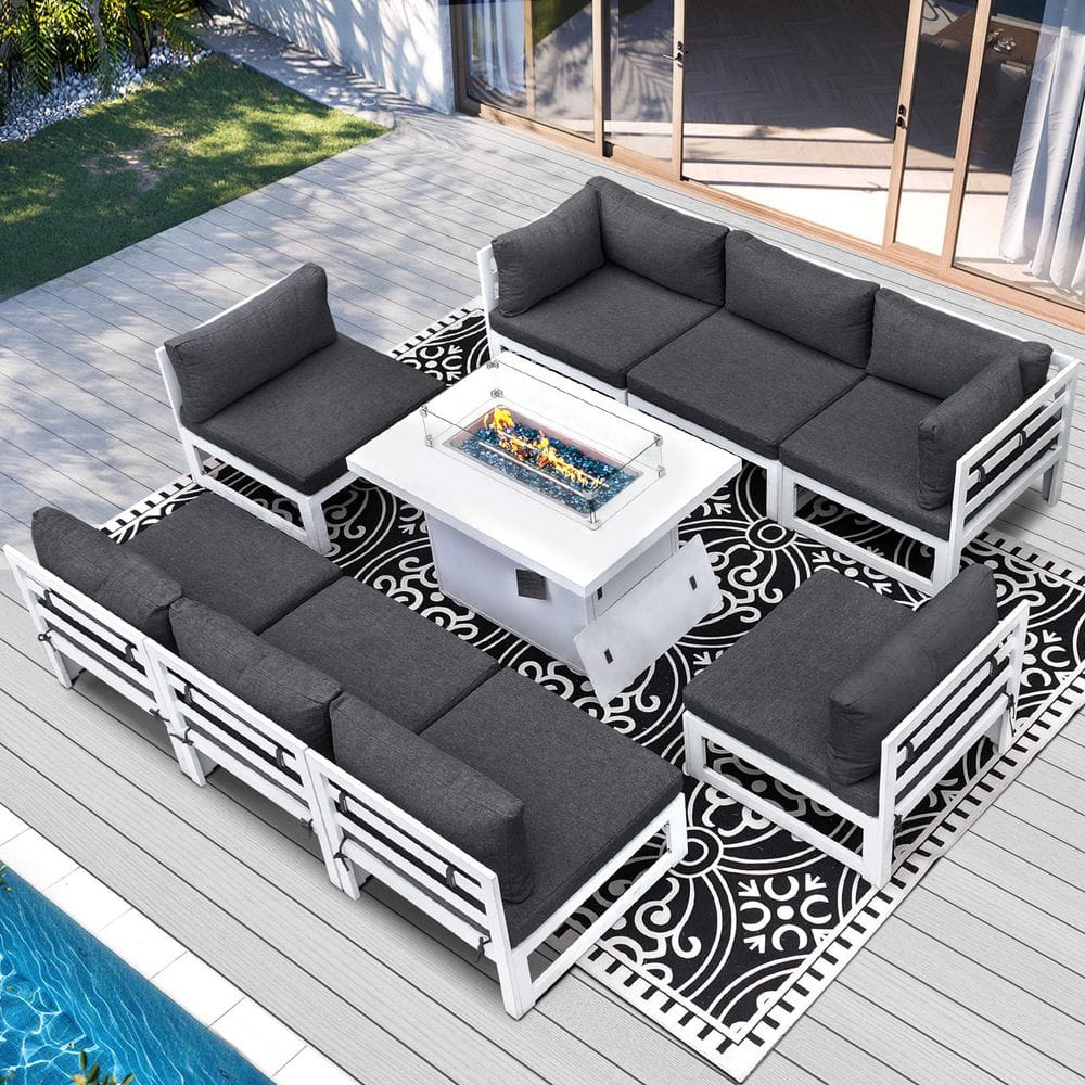 Extra Large White 9-Piece Aluminum Patio Fire Pit Conversation Set Deep Seating Sectional Sofa ...