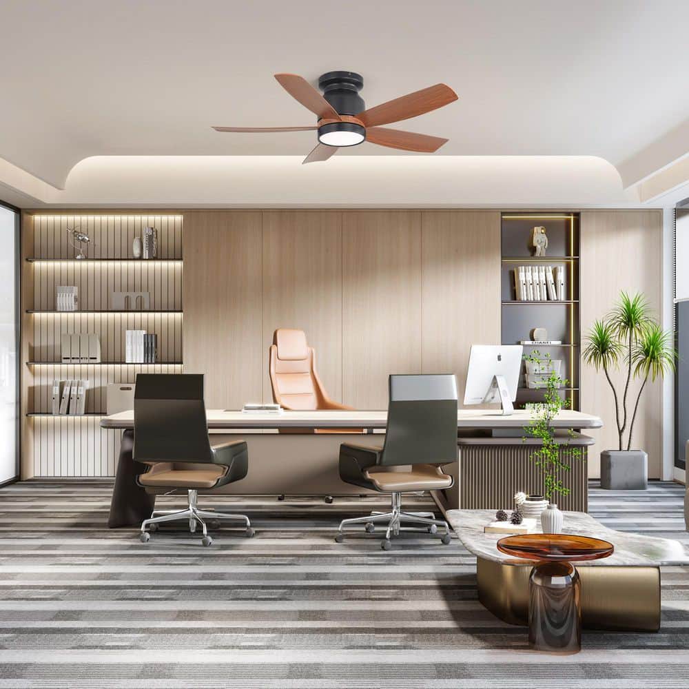 LINJO 42 in. Black 5 ABS Blades Flush Mount Ceiling Fan with LED Light ...