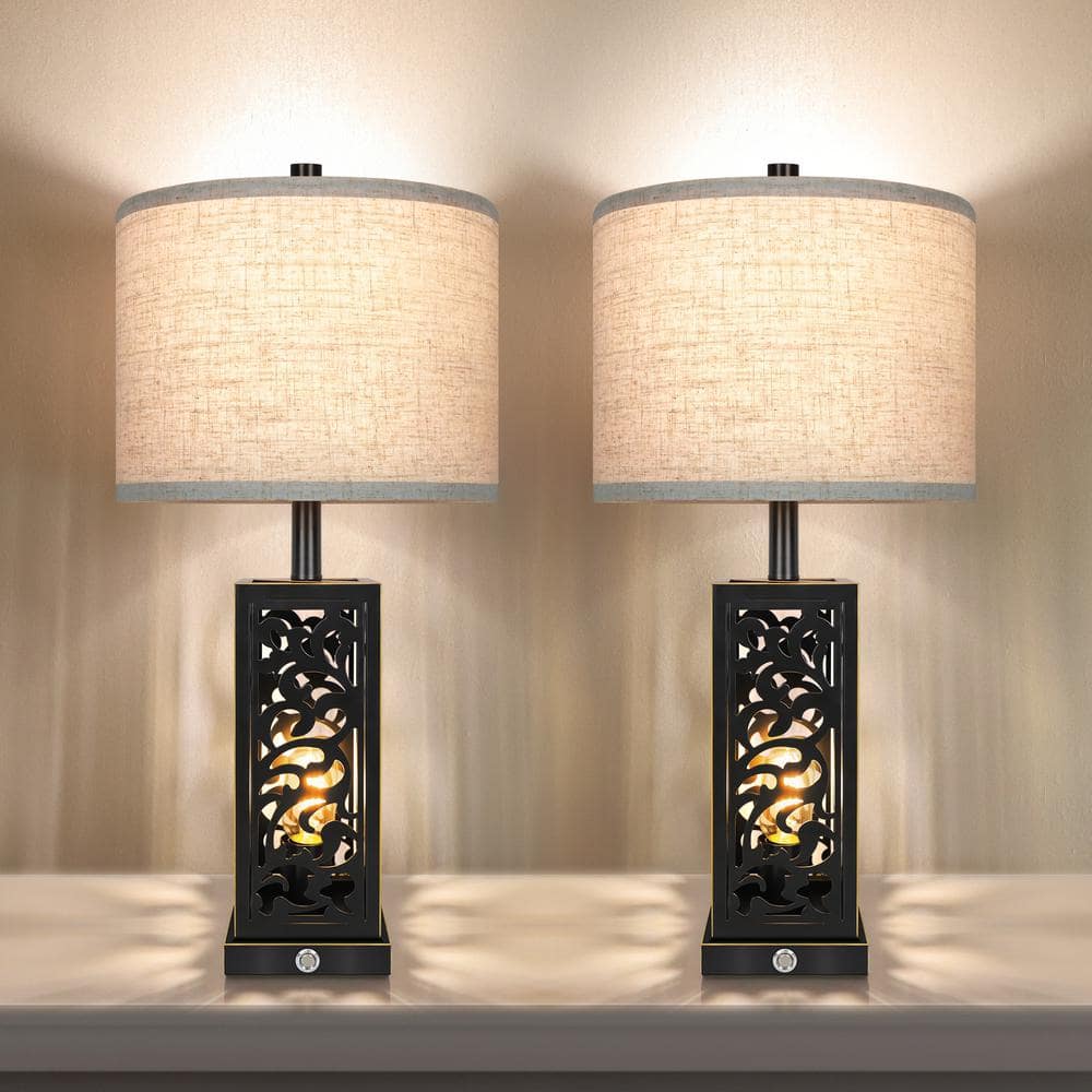 BICIK 26 in. H Black Metal Table Lamp Set with Beige Linen Shade and ...