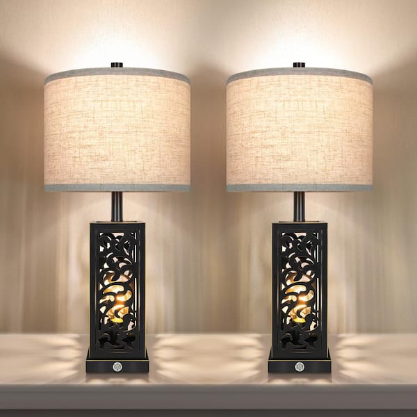 BICIK 26 in. H Black Metal Table Lamp Set with Beige Linen Shade and ...