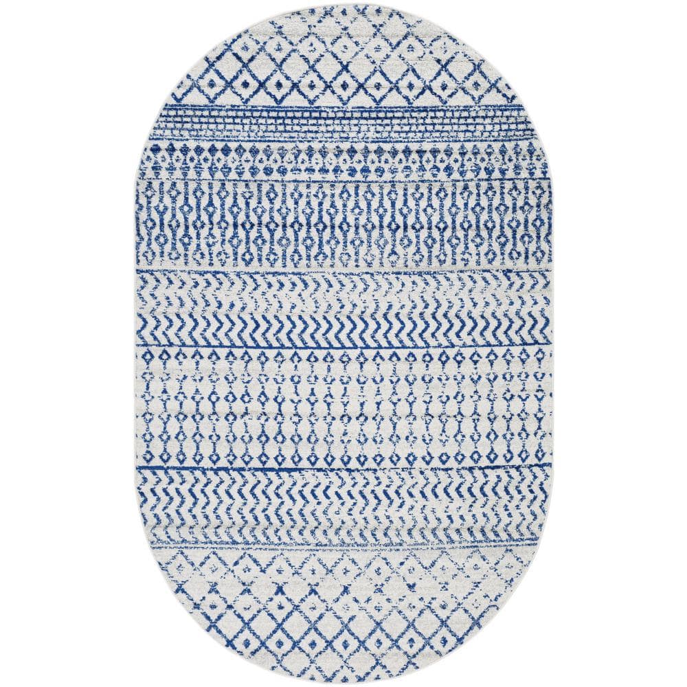 Livabliss Alois Cream/Royal Blue Geometric 5 ft. x 8 ft. Indoor Oval ...