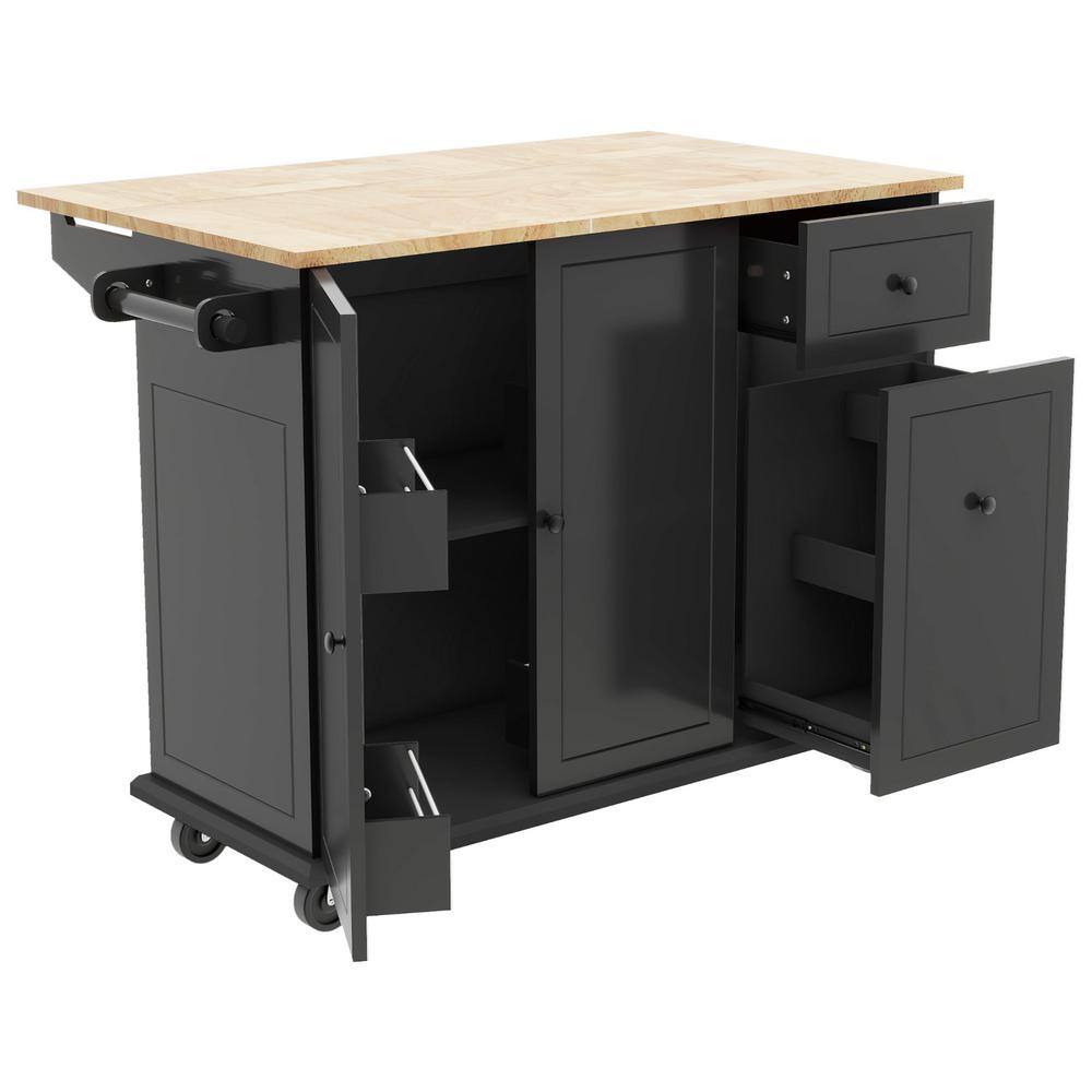 tunuo Black Wood 53.94 in. Kitchen Island with Drop Leaf, Drawer, Solid ...