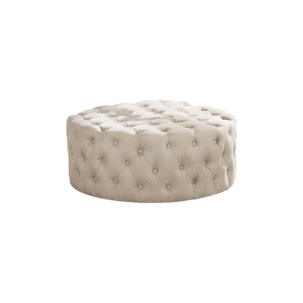 Best Master Furniture Tisha 40 in. Beige Tufted Linen Round Ottoman ...