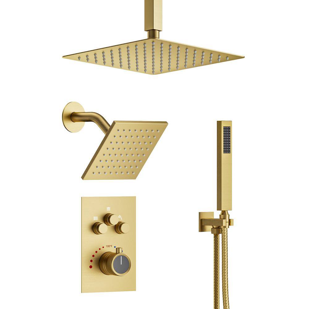 YAWWALK Triple Handle 7-Spray Patterns 12 in. Ceiling Mount Rainfall ...