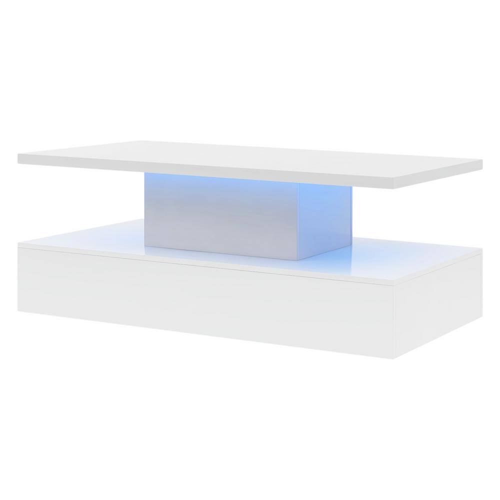 Polibi 47.2 in. White Rectangle Wood Coffee Table with LED Lights and ...