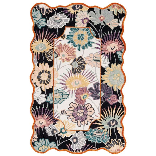 SAFAVIEH Jardin 8 ft. x 10 ft. Black/Ivory Floral Border Area Rug ...