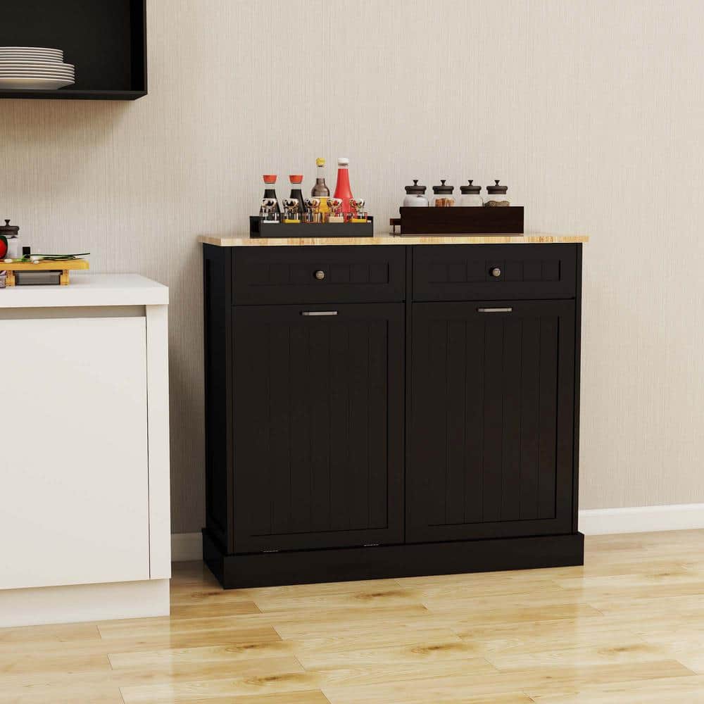 FUNKOL 40 in Two-Compartment Tilting Black Kitchen Trash Cabinet with 2 ...