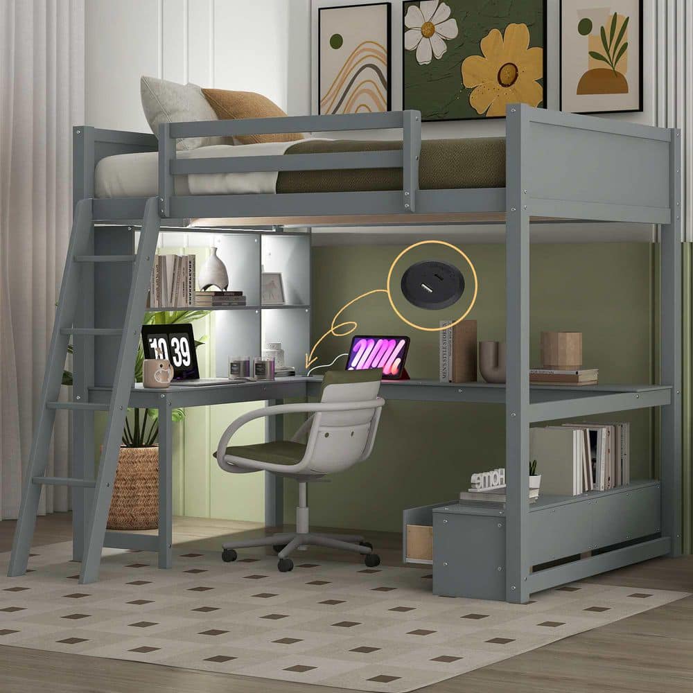 Polibi Gray Full Size Wood Loft Bed with L-shaped Desk, LED light and USB Charging Station ...