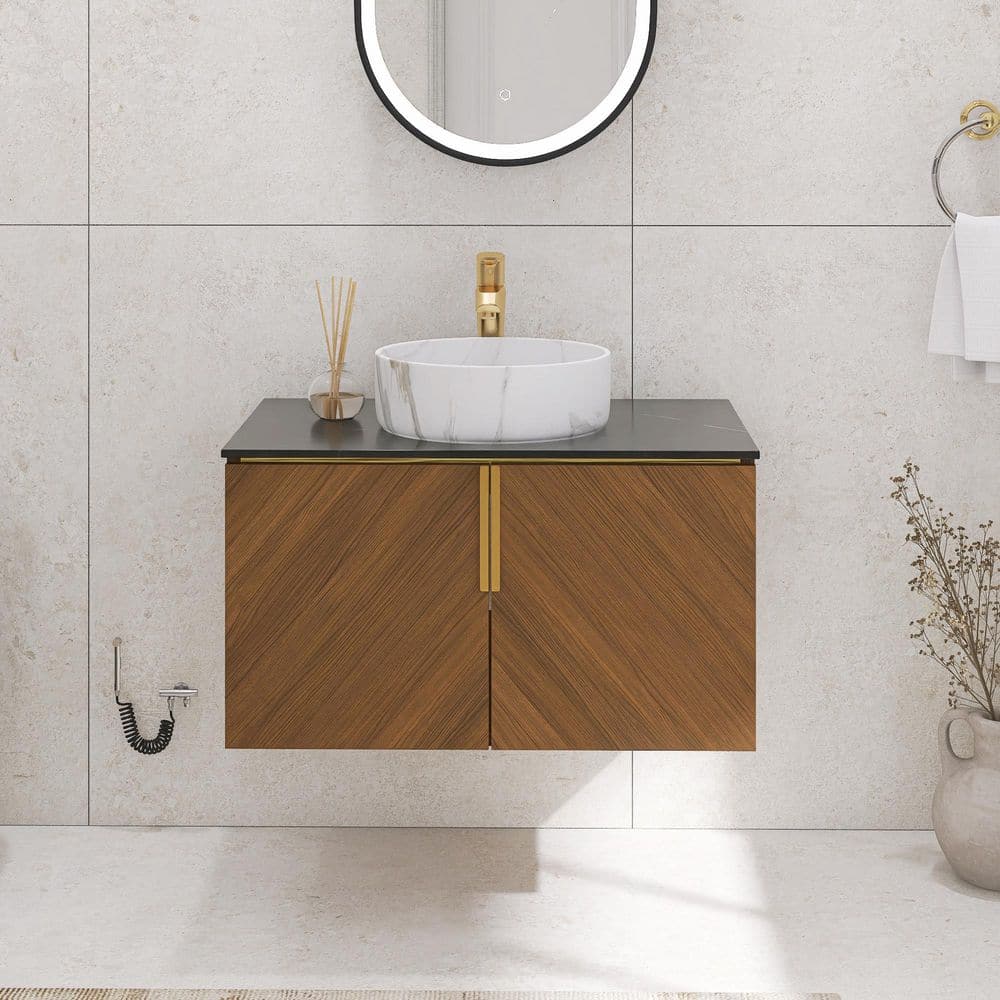 TCYO 30 in. Wall-Mounted Oak Bath Vanity with Black Sintered Stone Top ...