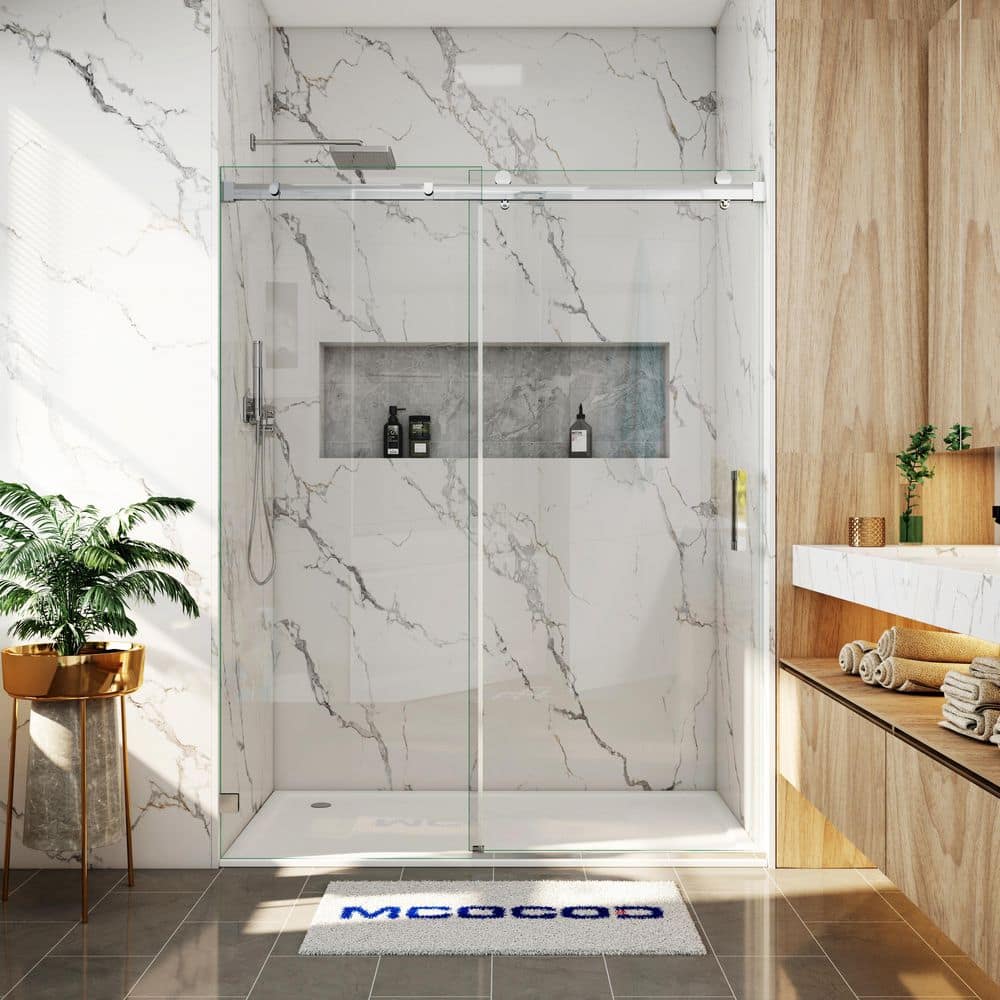 MCOCOD 56-60.5 in. W x 76 in. H Single Sliding Frameless Soft Close Shower Door in Chrome with 3 ...