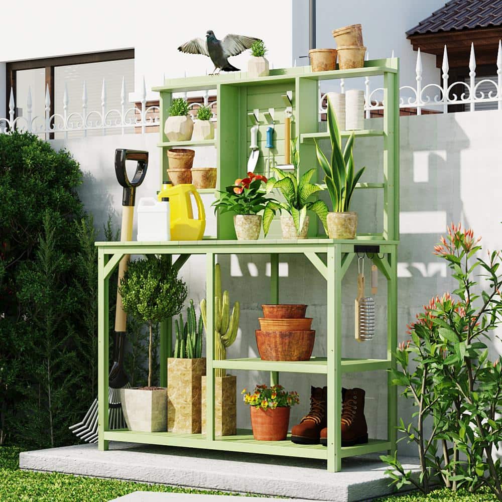 Tealeaf 47 in. W x 65 in. H Green Wood Potting Bench Table with 6-Tier ...