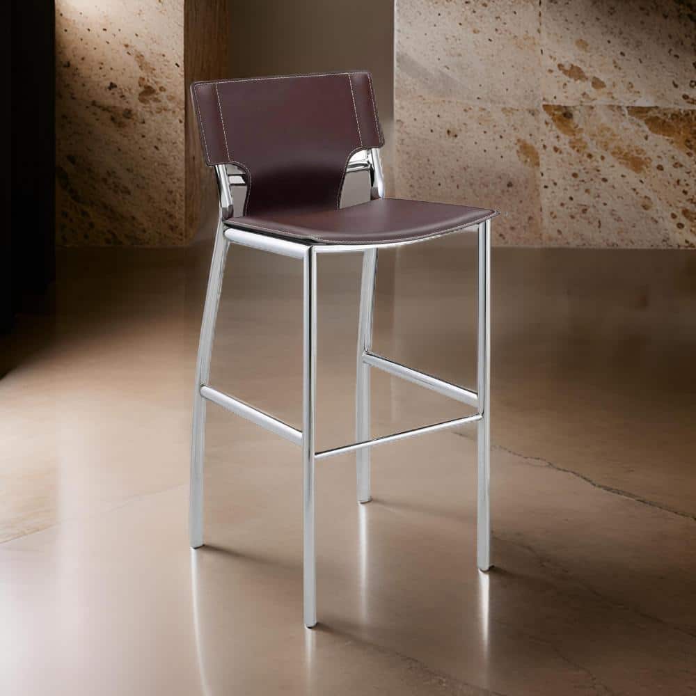 Benjara 26 in. Brown and Chrome Low Back Metal Frame Bar Stool with ...