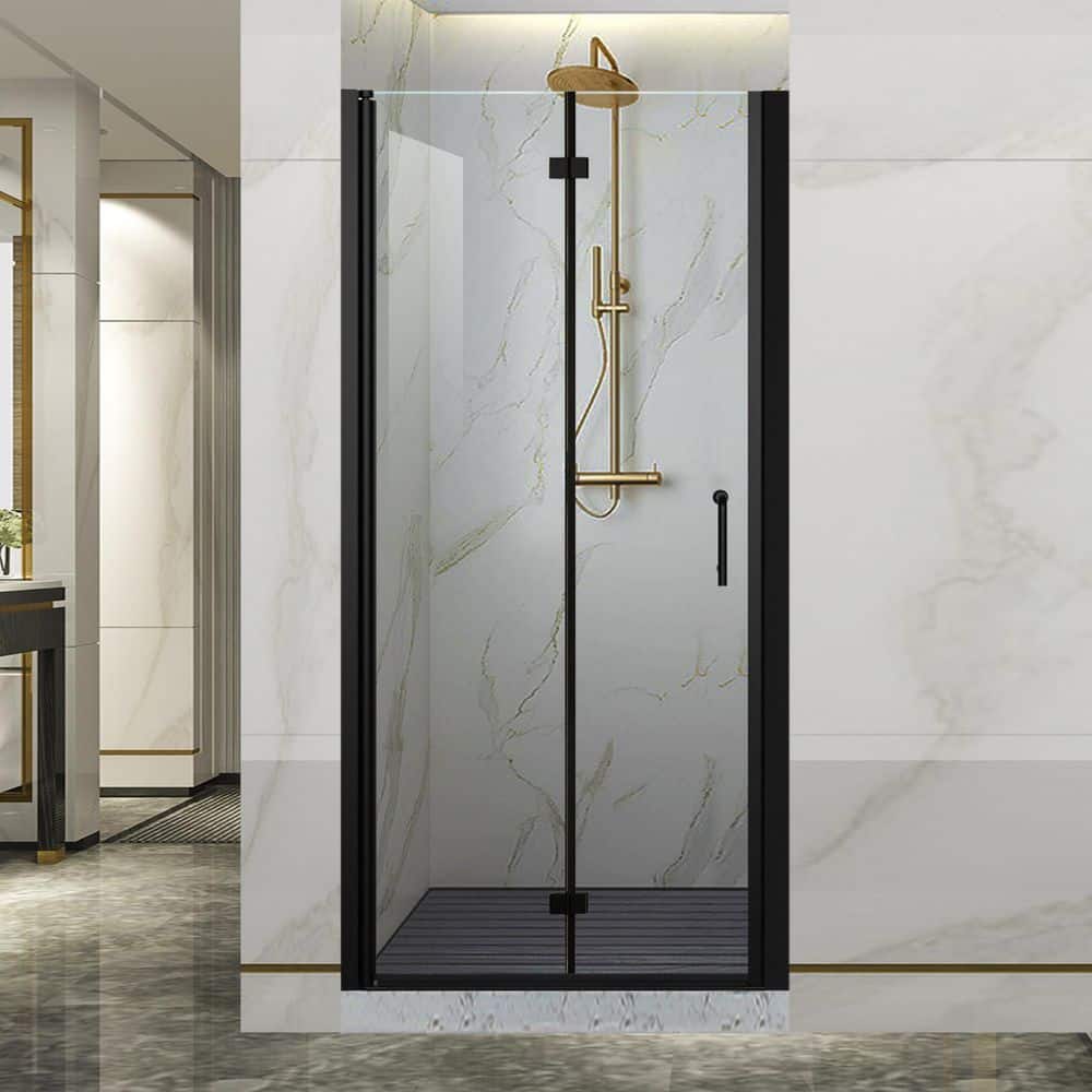 Lonni 32-33.9 in. W x 72 in. H Bi-Fold Frameless Shower Door in Black ...