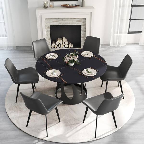 53.1 in. Black Round Sintered Stone Tabletop with Black Metal Pedestal Base Dining Table Seats 6