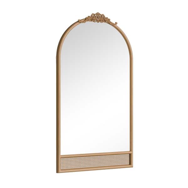 Brown 37 in. W x 71 in. H Wood Carved Rattan Right-Angled Arched Mirror ...