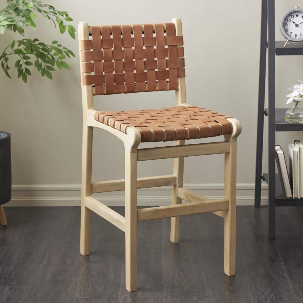 Litton Lane 39 in. Light Brown Mango Wood Woven Bar Stool with Light ...