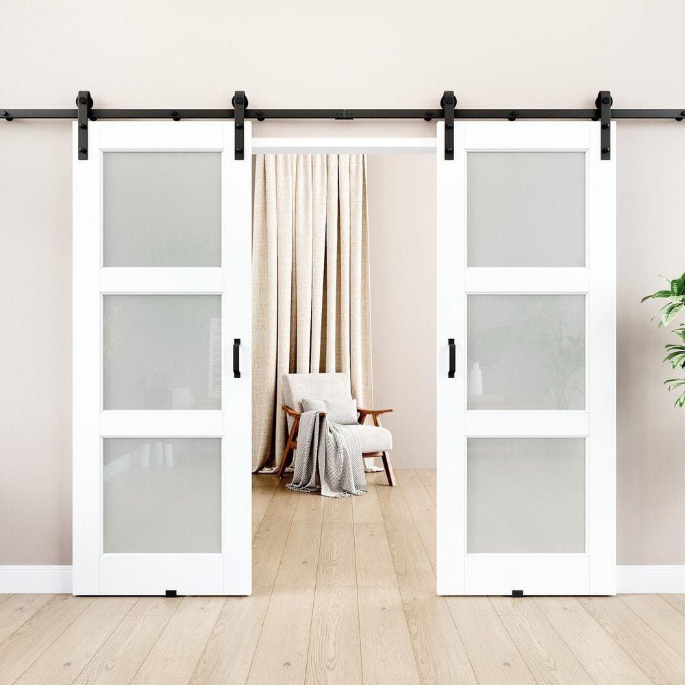 ARK DESIGN 56 in. x 80 in. 3-Lite Frosted Glass White Primed MDF Double ...