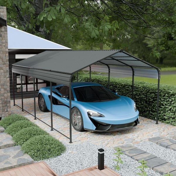 Tunearary 12 ft. x 20 ft. Dark Gray Heavy Duty Metal Carport Garage ...