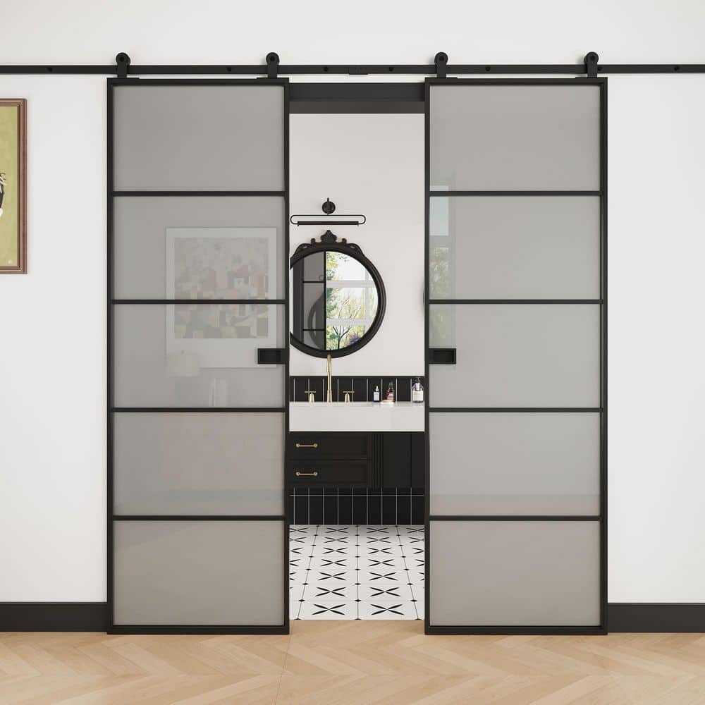 ARK DESIGN 64 in. x 80 in. 5 Lite Frosted Glass Black Aluminum Assembly ...