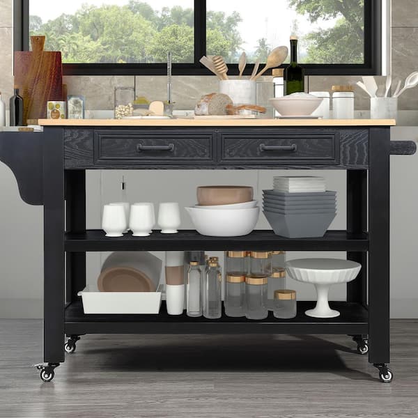 Staykiwi Black MDF Kitchen Cart with Solid OAK Wood Top and 2 Drawers ...