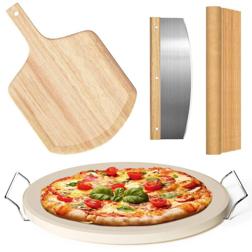 Wudkey 5-Piece Round Pizza Stone Set with Oak Peel, Serving Rack ...