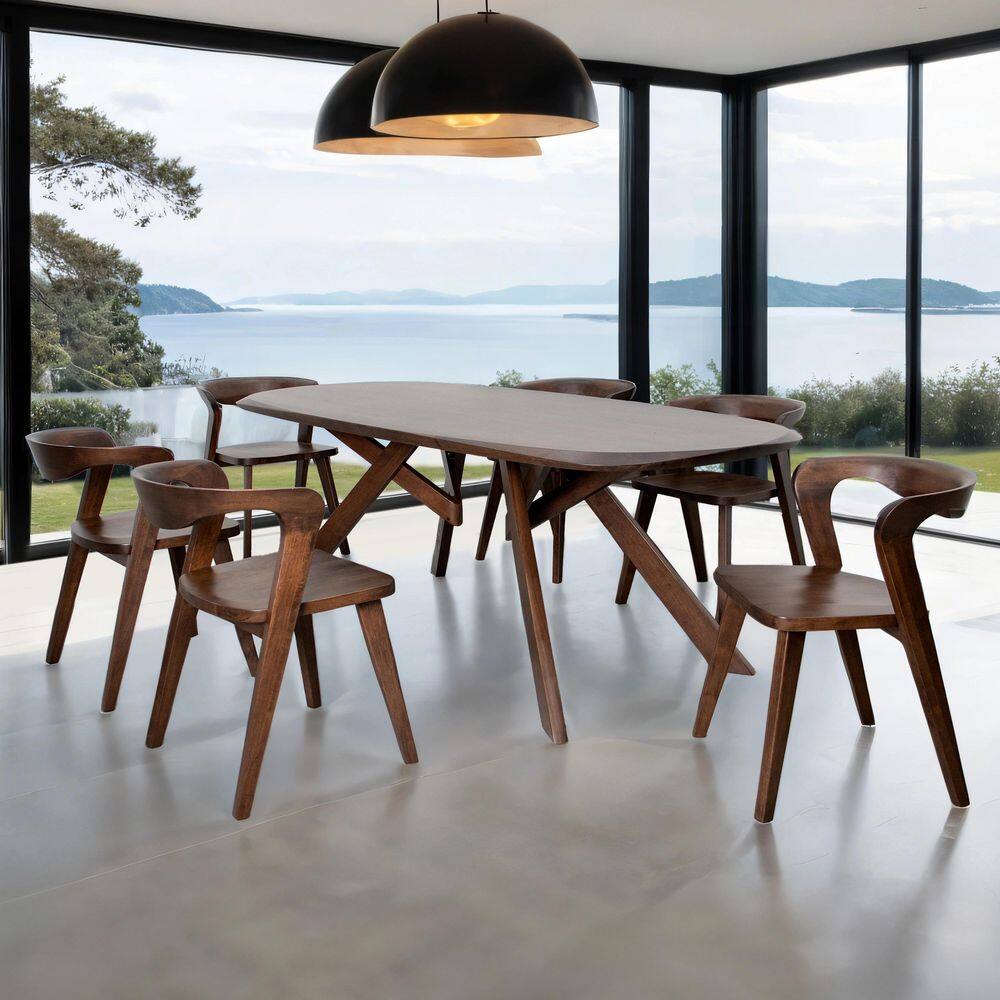 Furniture of America Shelun VI 7-Piece Oval Rich Walnut Wood Top Dining Table Set (Seats-6 ...