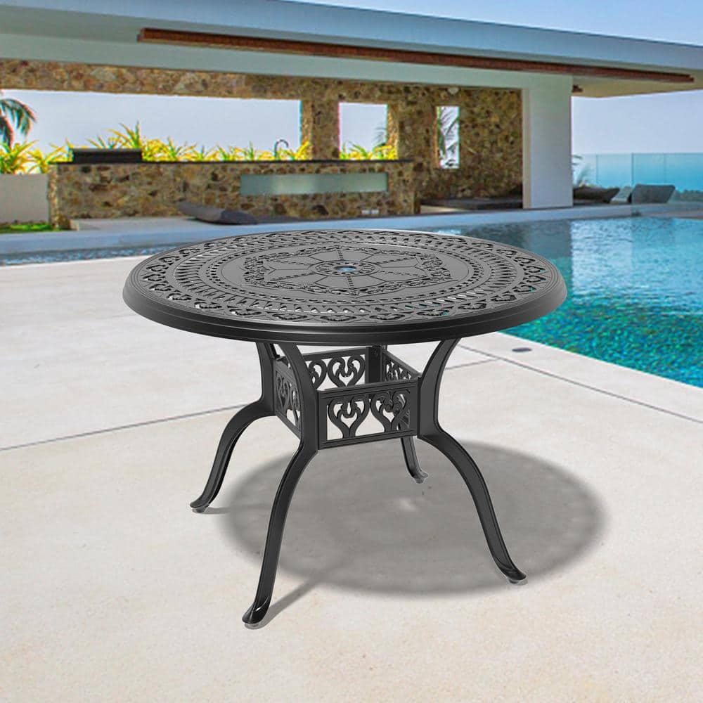 Willit 39.37 in. Black Round Cast Aluminum Outdoor Dining Table SL-1110 ...