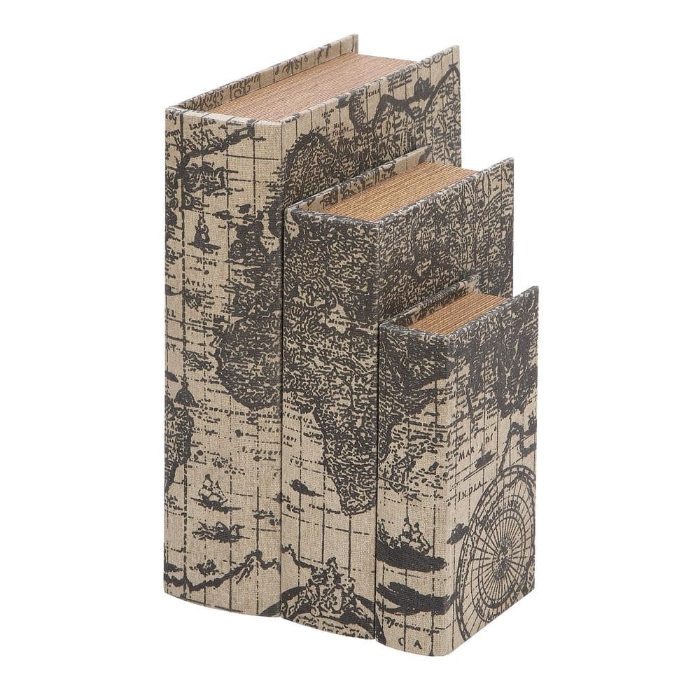 Litton Lane Rectangle Wood Faux Book Box with World Map Cover (Set of 3 ...