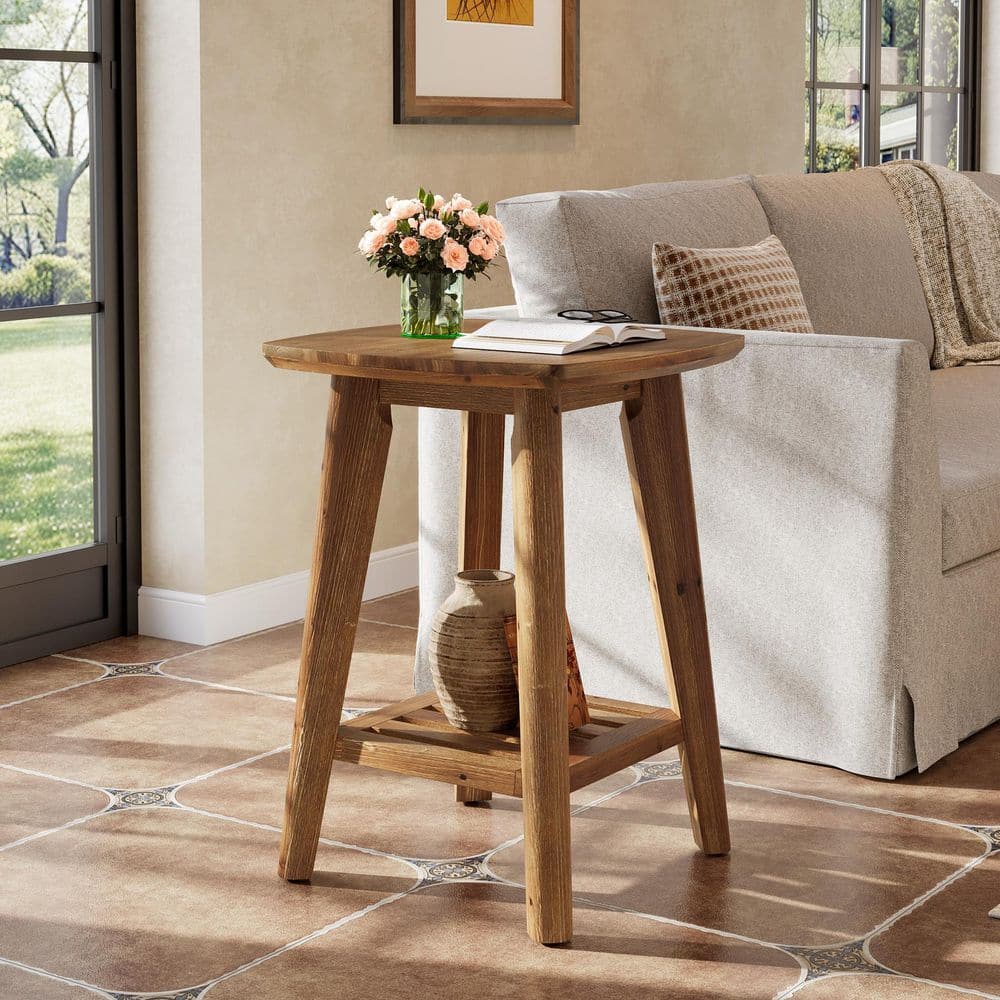 BYBLIGHT Kerlin 19.7 in. Brown Square Solid Wood Small Side Table with ...