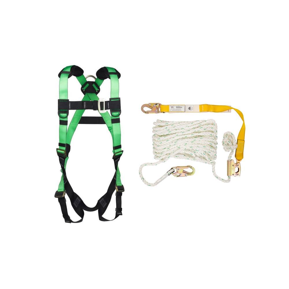 WERNER Fall Protection Adjustable Safety Harness with 50 ft. Rope ...