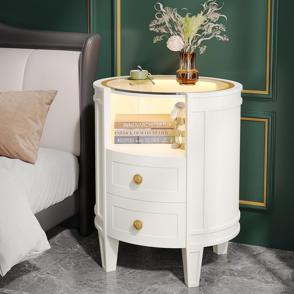 BYBLIGHT Fenley White 2 Drawers Oval Nightstand with LED and Shelf ...