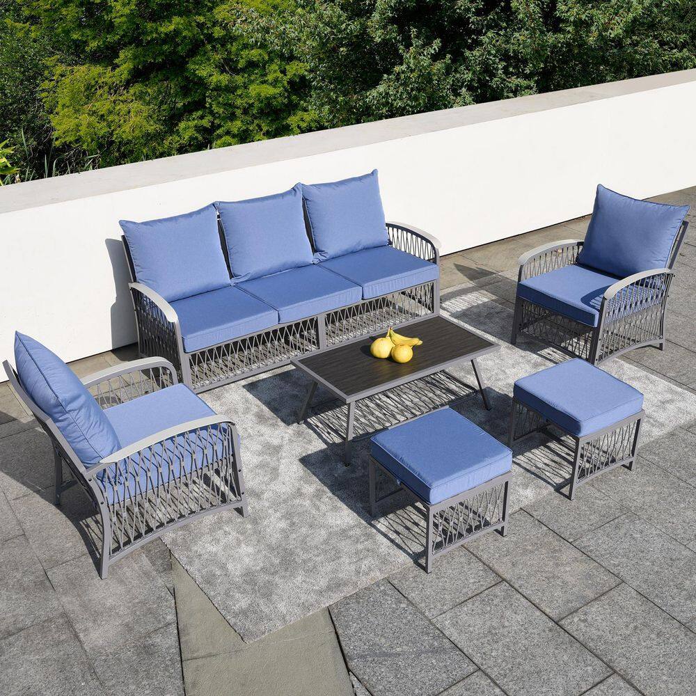 Lycvki 6-Pieces Wicker Patio Furniture Set with Blue Cushions for ...