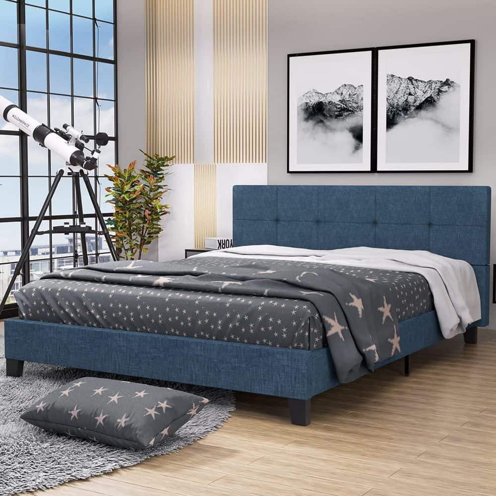 ANBAZAR Dark Blue Linen Fabric Upholstered Wood Frame Bed, Queen ...