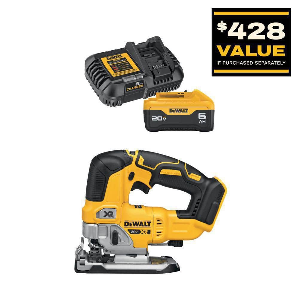 DEWALT 20V MAX XR Lithium-Ion Cordless Brushless Jigsaw with 6.0 Ah Battery Pack and Charger Kit ...