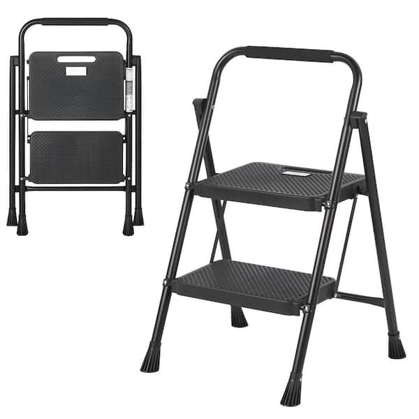 2-Step Metal Step Stool Ladder Folding Step Ladder with Anti-Slip Pedal ...