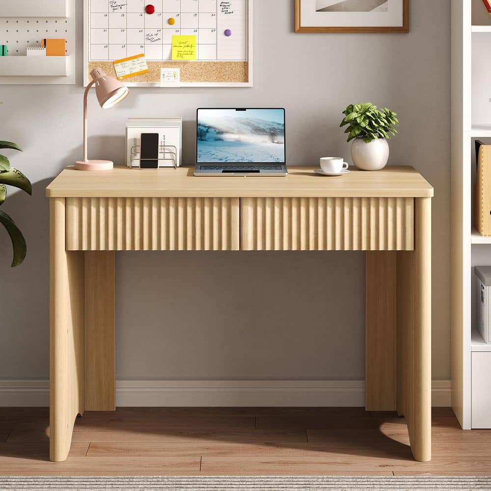 Bestier 39.37 in. Rectangular Natural 2-Drawer Wood Fluted Computer ...
