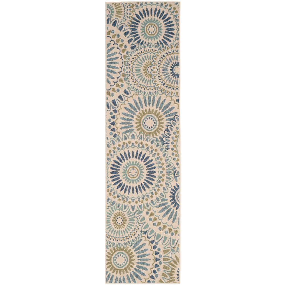 SAFAVIEH Veranda Cream/Green 2 ft. x 16 ft. Floral Geometric Indoor ...