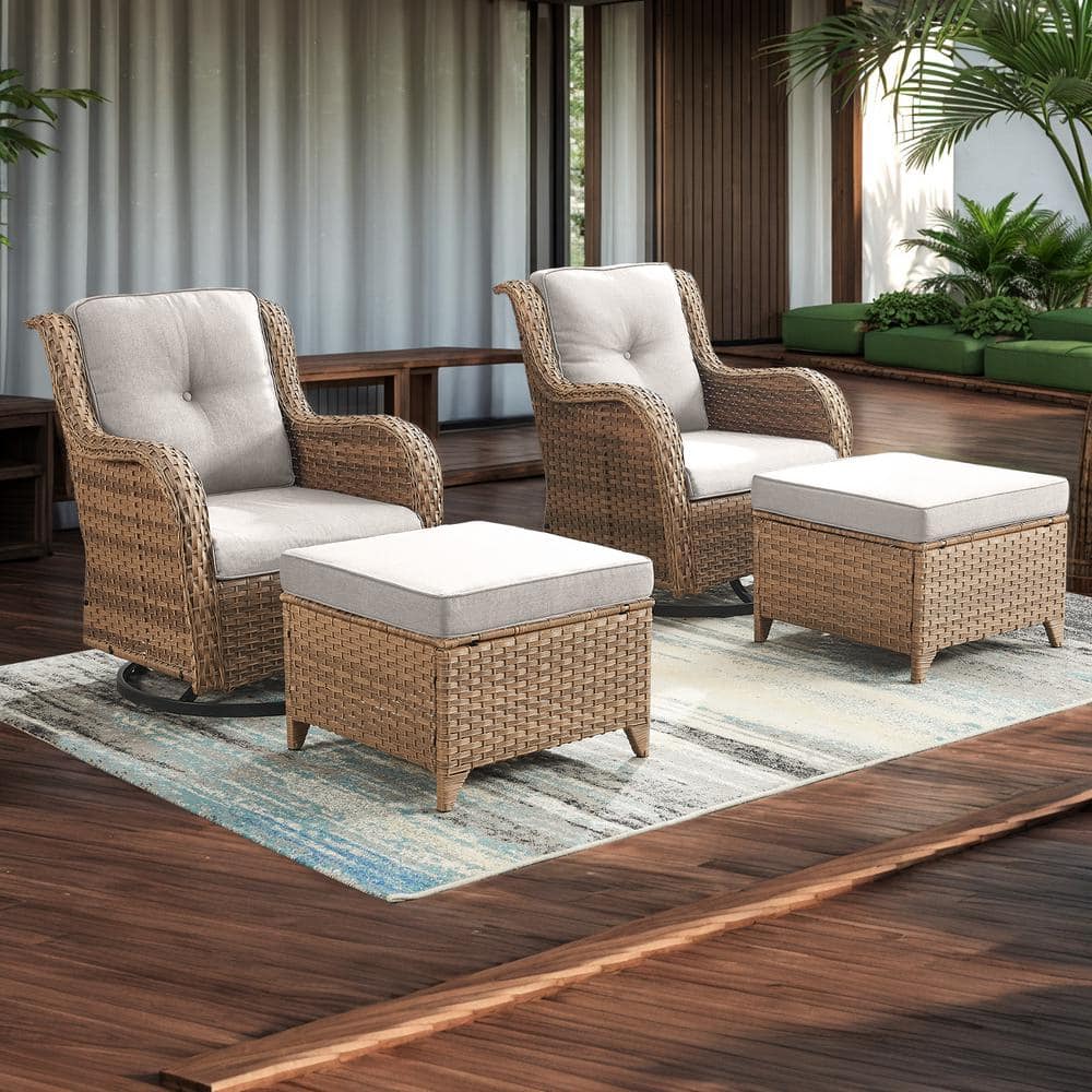 moosprr Arcline 4-Piece Yellow Wicker Outdoor Swivel Glider with Beige Cushions and Rocking ...