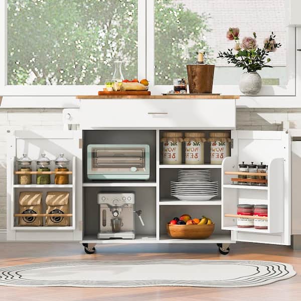 tunuo White Wood 39 in. Kitchen Island with Large divided Drawer ...