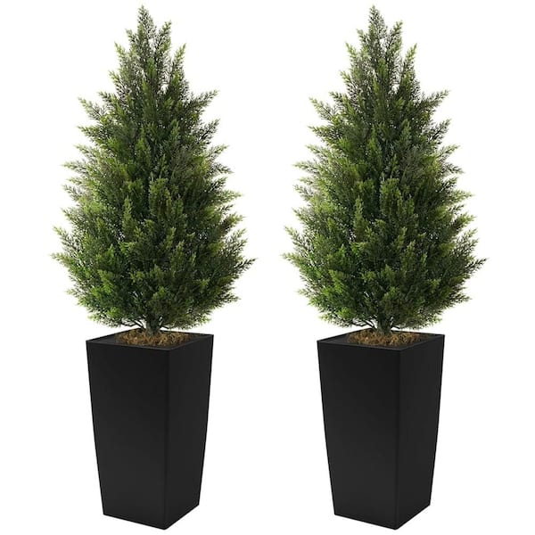 Vitalismo 4 ft. Artificial Cedar Tree w/ Black Square Flower Pots for ...