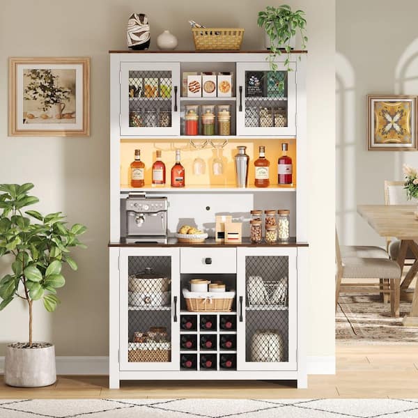 Polibi White 47. 10in. W x 70.90 in. H Pantry Storage Cabinet with LED Outlets, Doors and ...