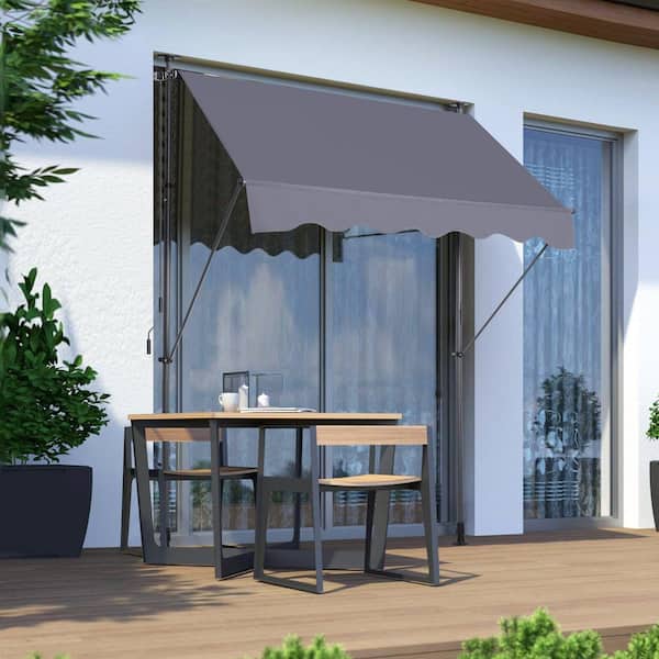 78 in. Gray No-Screw Manual Retractable Patio Awning, 100% Polyester ...