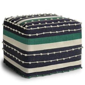 Simpli Home Noreen Boho Square Pouf in Dark Blue and White Handloom Woven Pattern AXCPF-67-DKB ...