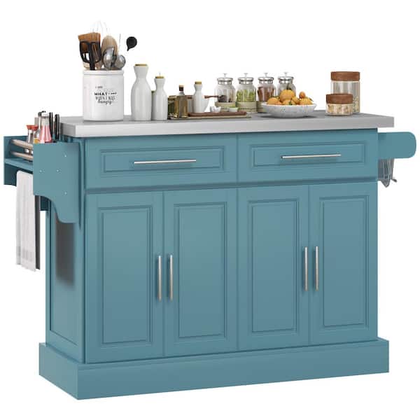HOMCOM Light Blue Metal Top 57 in. Kitchen Island with Drawers ...