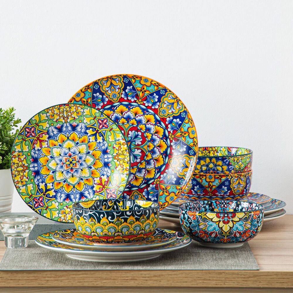 MALACASA 12 Pieces Colorful Dinnerware Set Porcelain Bowls and Plates ...