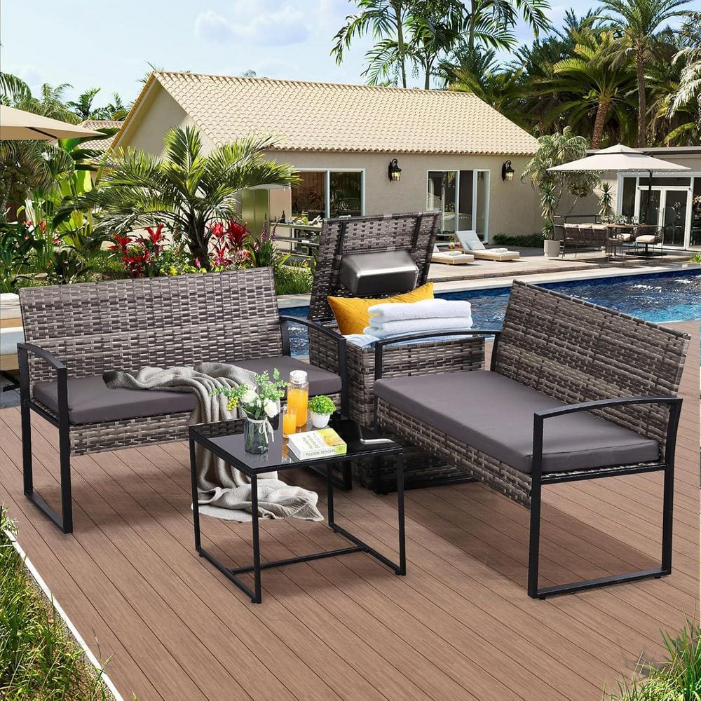 4-Piece Gray Wicker Patio Conversation Set with Built-in Beverage ...