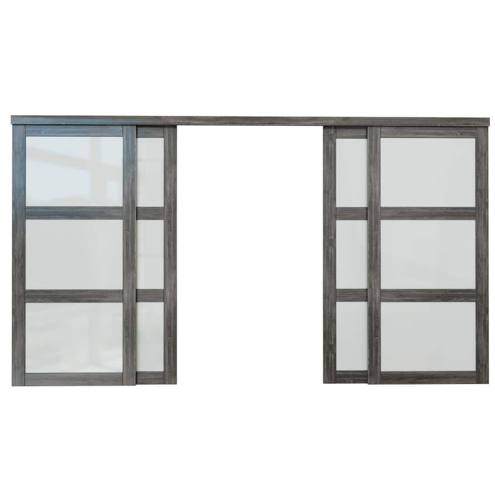 ARK DESIGN 144 in. x 80 in. 3-Lites Tempered Frosted Glass Dark Walnut ...