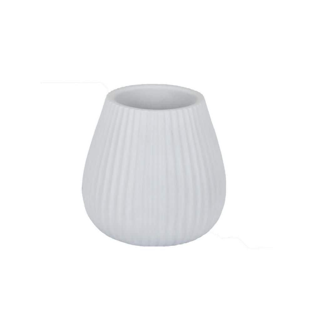 Benjara Azra 7.5 in. White Resin Round Decorative Vase with Ribbed ...