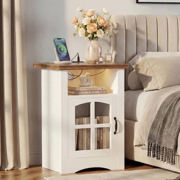 LACOO White LED Nightstand with Charging Station, Side Table with USB ...
